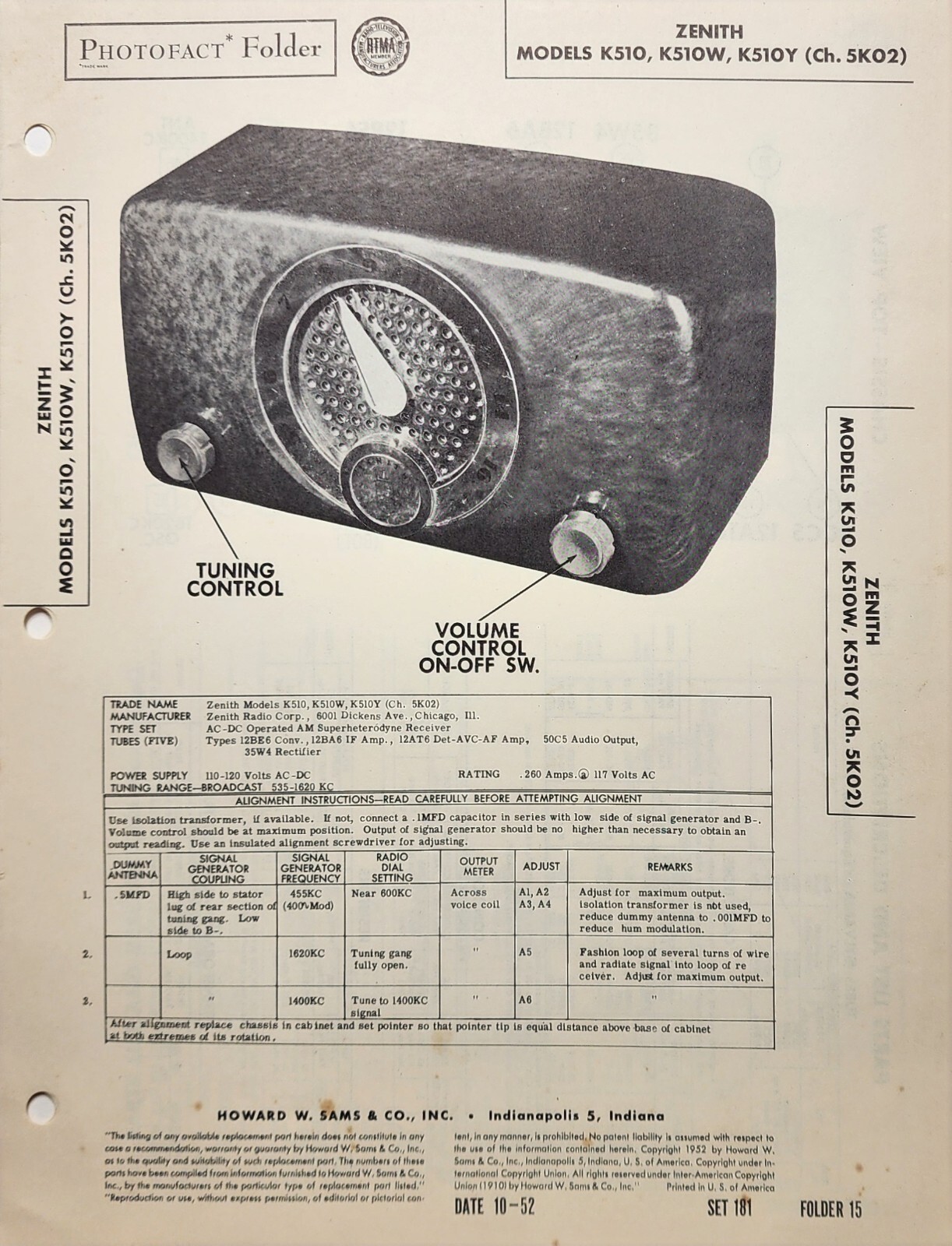 SAMS PHOTOFACT SERVICE MANUAL 181-15 ZENITH RADIO K510 K510W K510Y 5K02 ...