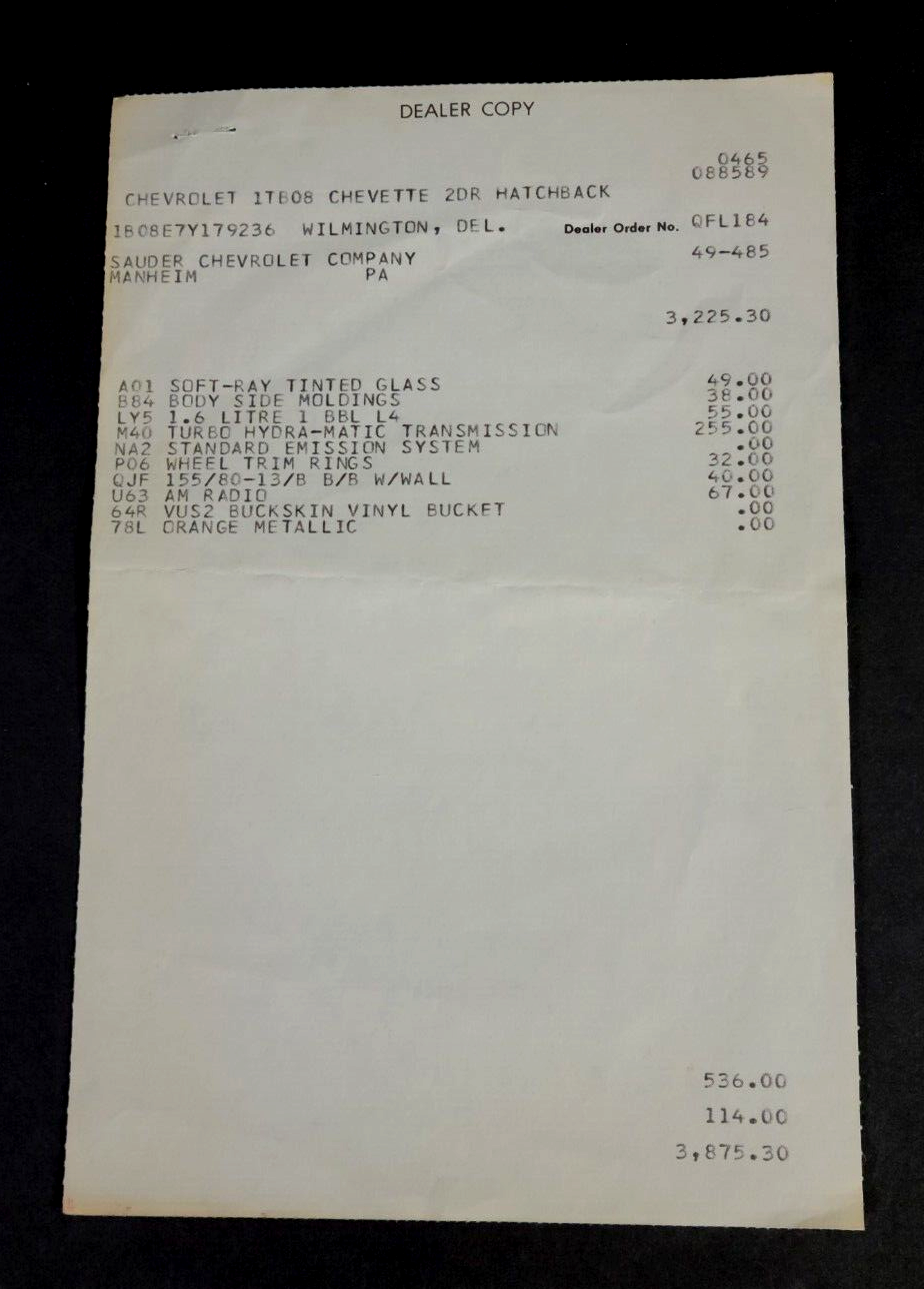 1977 Chevrolet Chevette 2Dr Original Monroney Label/Window Sticker ...