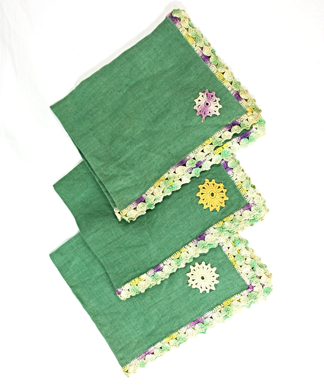 Vintage Green Linen Floral Crochet Trim Dresser Bureau Scarf Doily ...