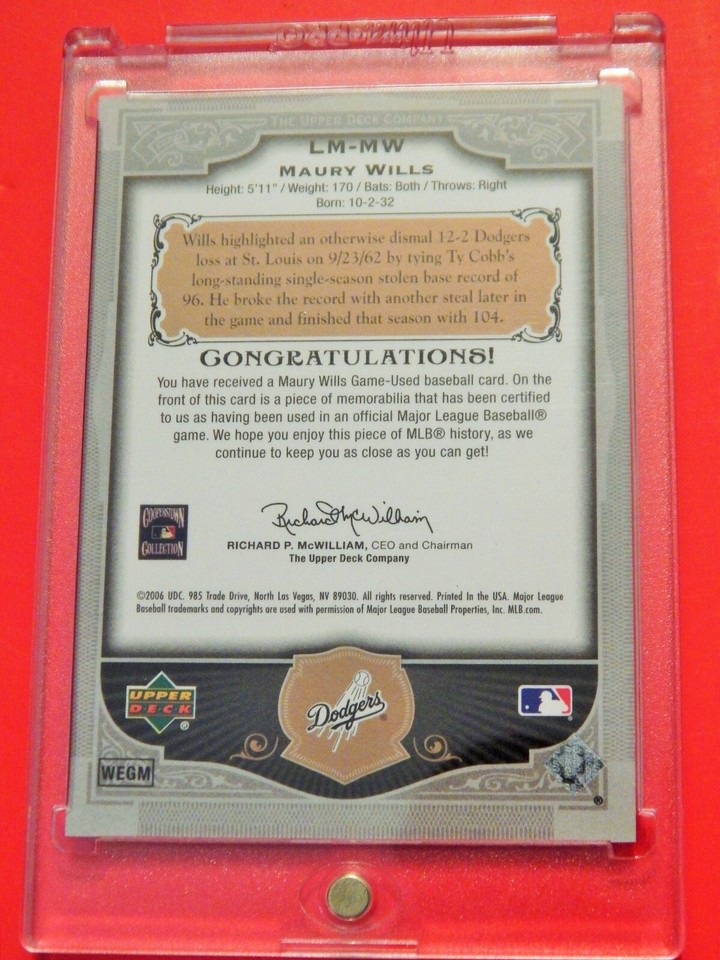 2006 UD GOLD 217/225 #LM-MW MAURY WILLS SS LA DODGERS GAME USED BAT ...