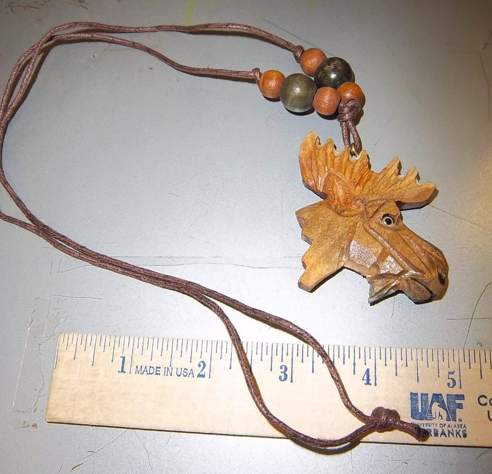 Carved Wood Moose Necklace, with wood beads on cord, great Moose ...
