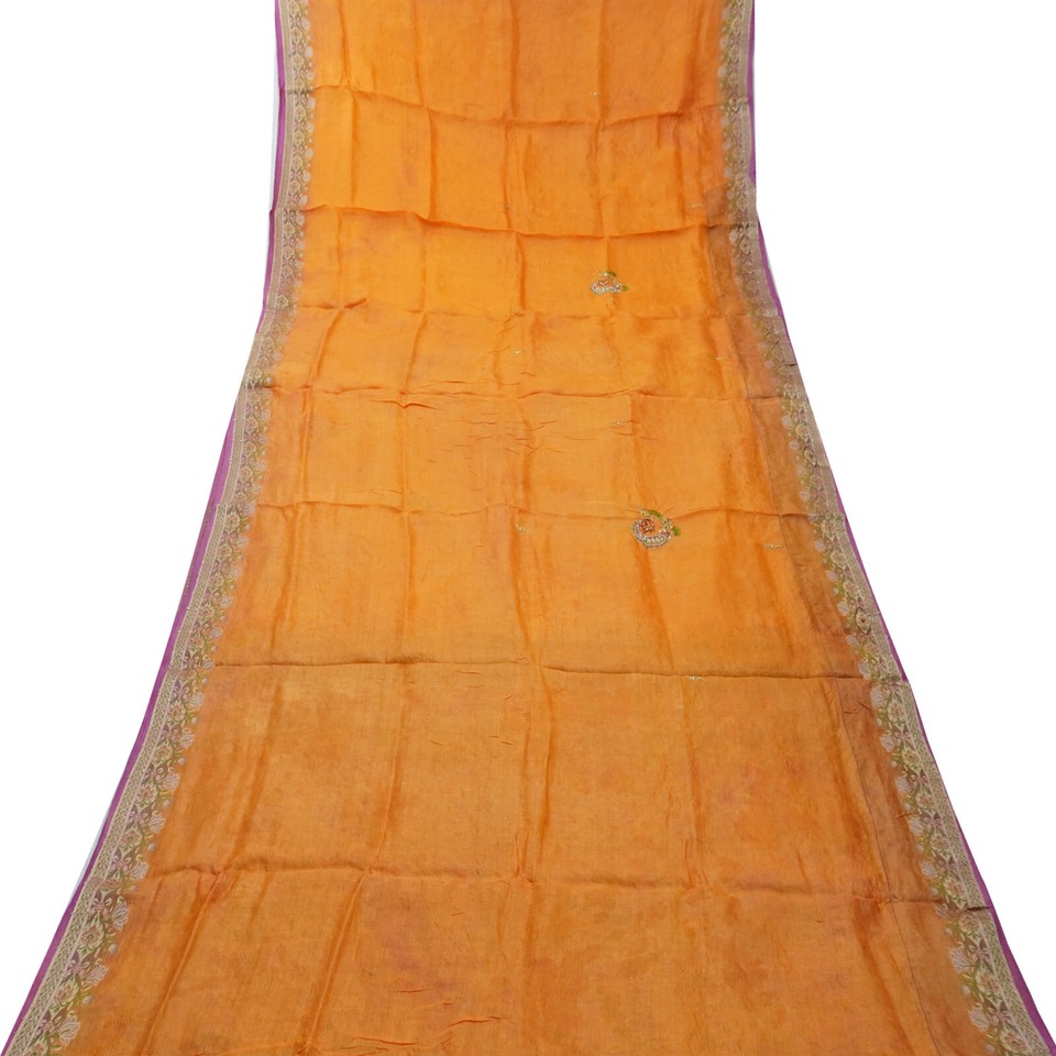Vintage Orange Sarees 100% Pure Silk Woven Hand Embroidered Sari Craft ...