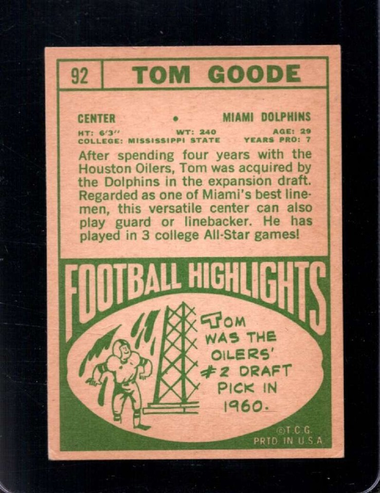 1968 TOPPS #92 TOM GOODE VG DOLPHINS (WAX) | eBay