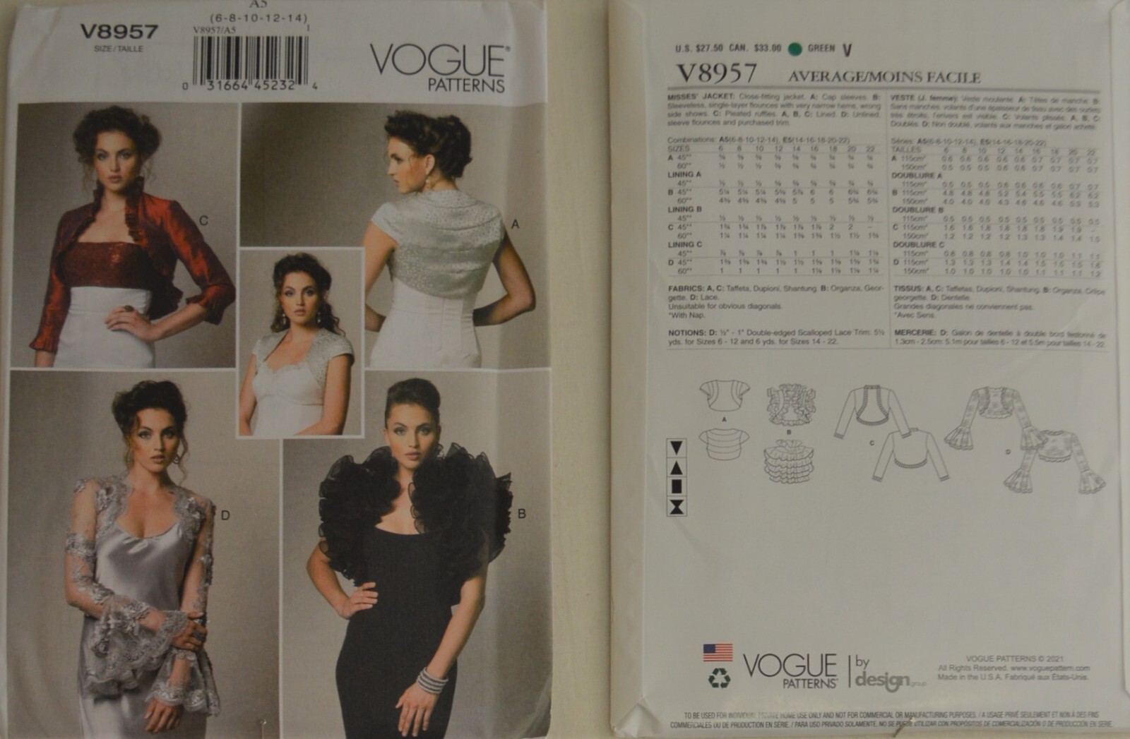 Vogue Pattern - V8957 - Misses' Close - fitting Jacket | eBay