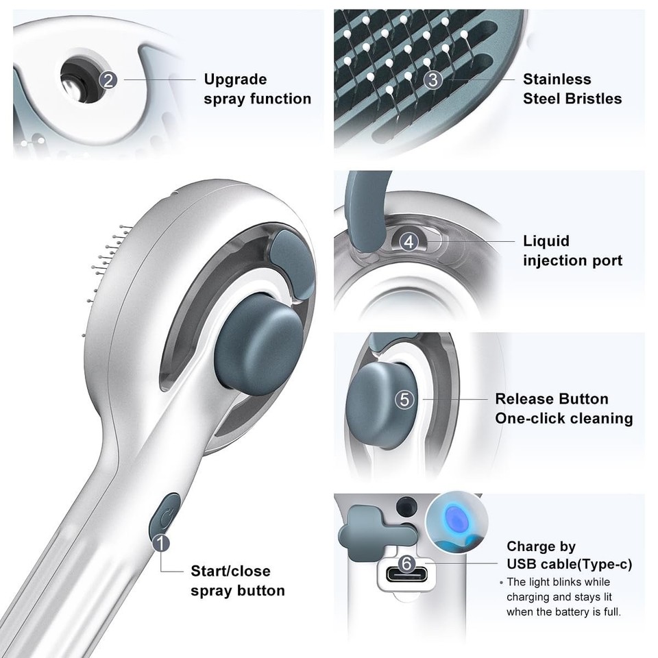 Cat & Dog Steam Brush 3-in-1 Grooming Hair Comb Easy-Clean USB Charging ...