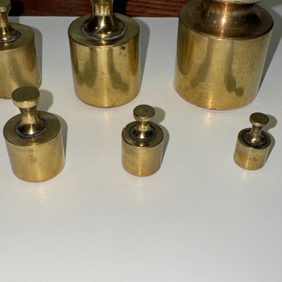 Antique Brass Weights in Wooden Block Measuring Scale Set. | eBay