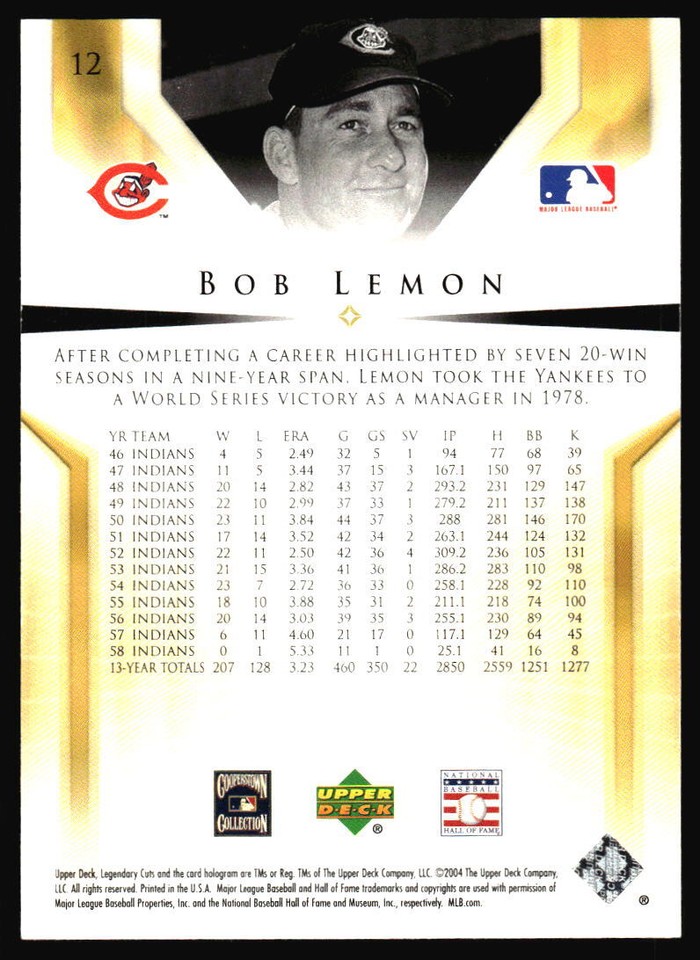 2004 SP Legendary Cuts Bob Lemon #12 Cleveland Indians | eBay