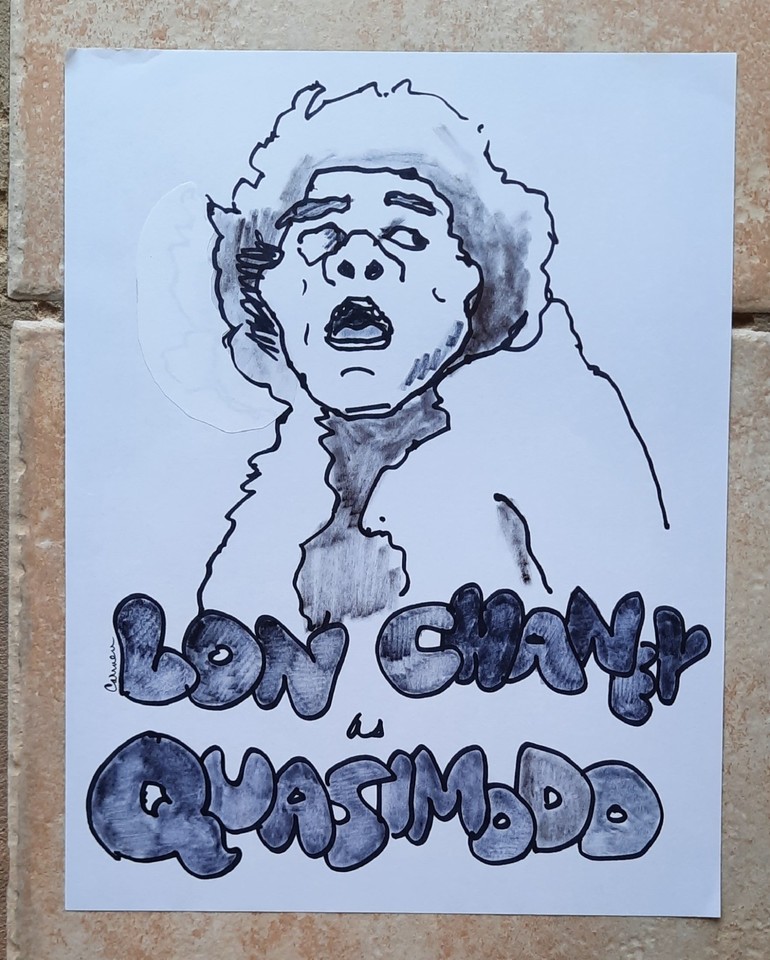Original art drawing silent film horror legend Lon Chaney as Quasimodo ...