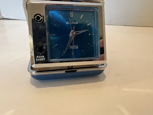 Vintage Blue BULOVA NB tel Lite Travel Alarm Clock Silver Japan Tested ...