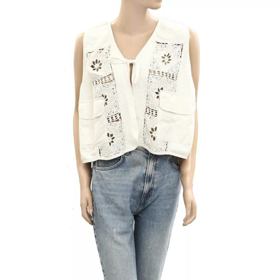 Free People Wonderstruck Vest Blouse Top Floral Crochet Lace Ivory M ...