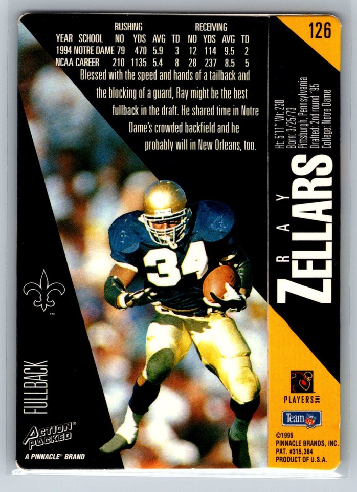 1995 Action Packed Ray Zellars Rookie New Orleans Saints RC #126 | eBay