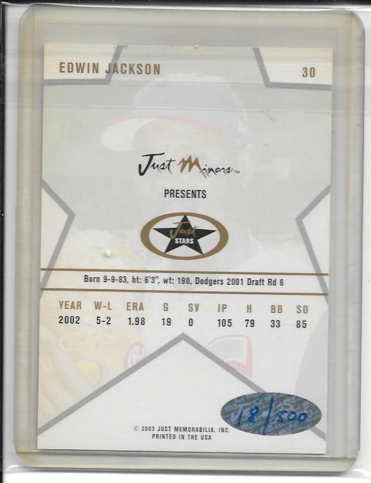 2003 JUST MINORS JUST STARS EDWIN JACKSON ROOKIE RC AUTO /500 AUTOGRAPH ...