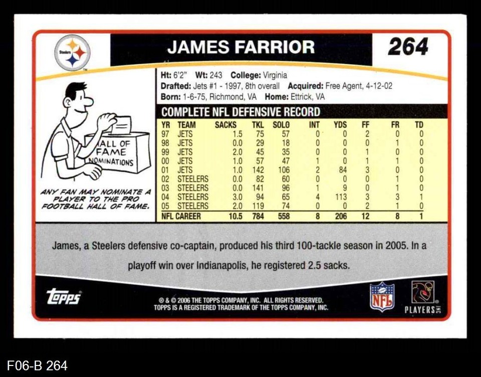 2006 Topps #264 James Farrior Steelers Virginia 8 - NM/MT | eBay