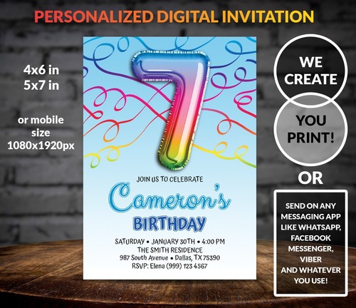 Foil Balloon 7th Birthday Invitation Boy Seventh Birthday Invitation ...