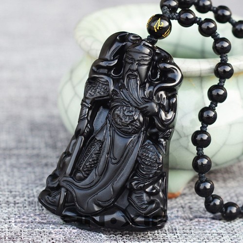 Black Obsidian Guan Gong Necklace Hold Broadsword God of Wealth Pendant ...