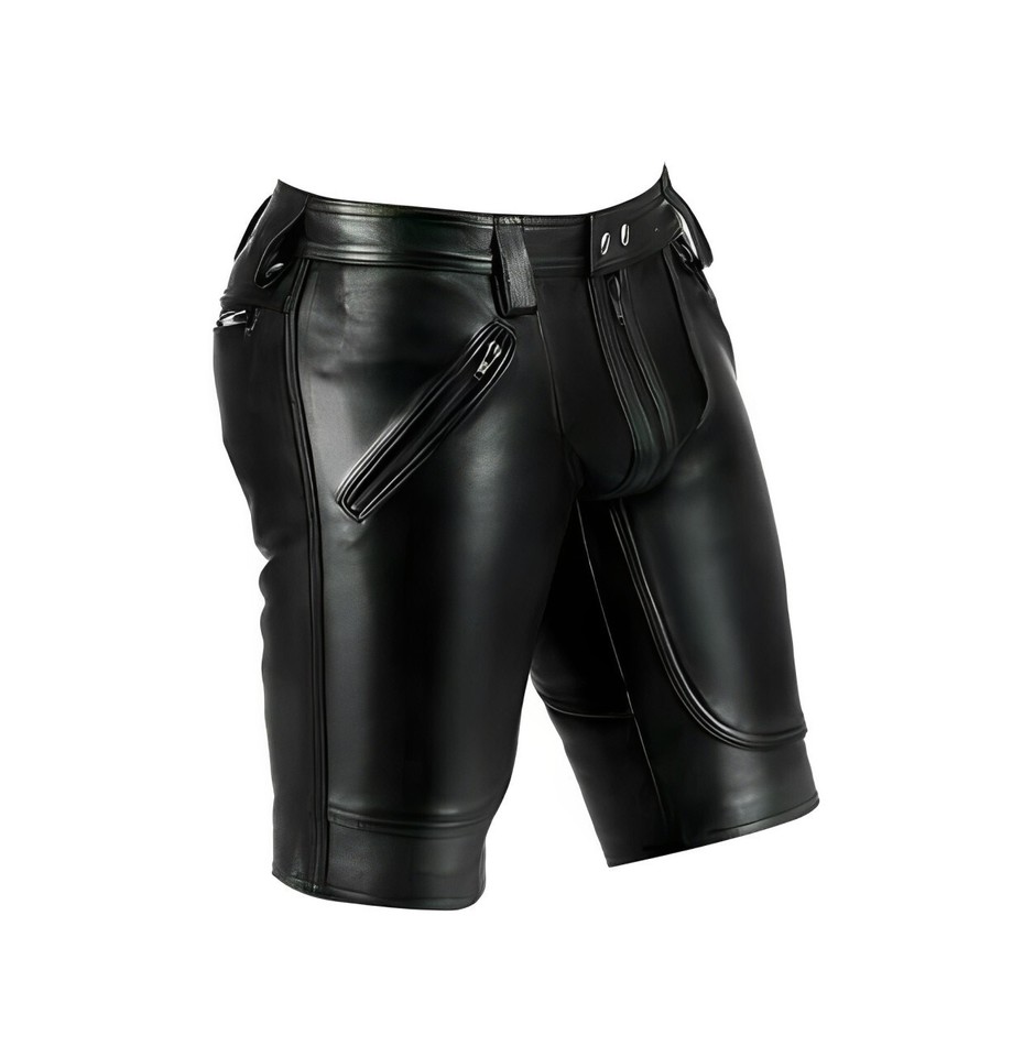 Men's Real Leather Shorts Double Rear Zip Gay Leather Shorts BLUF ...