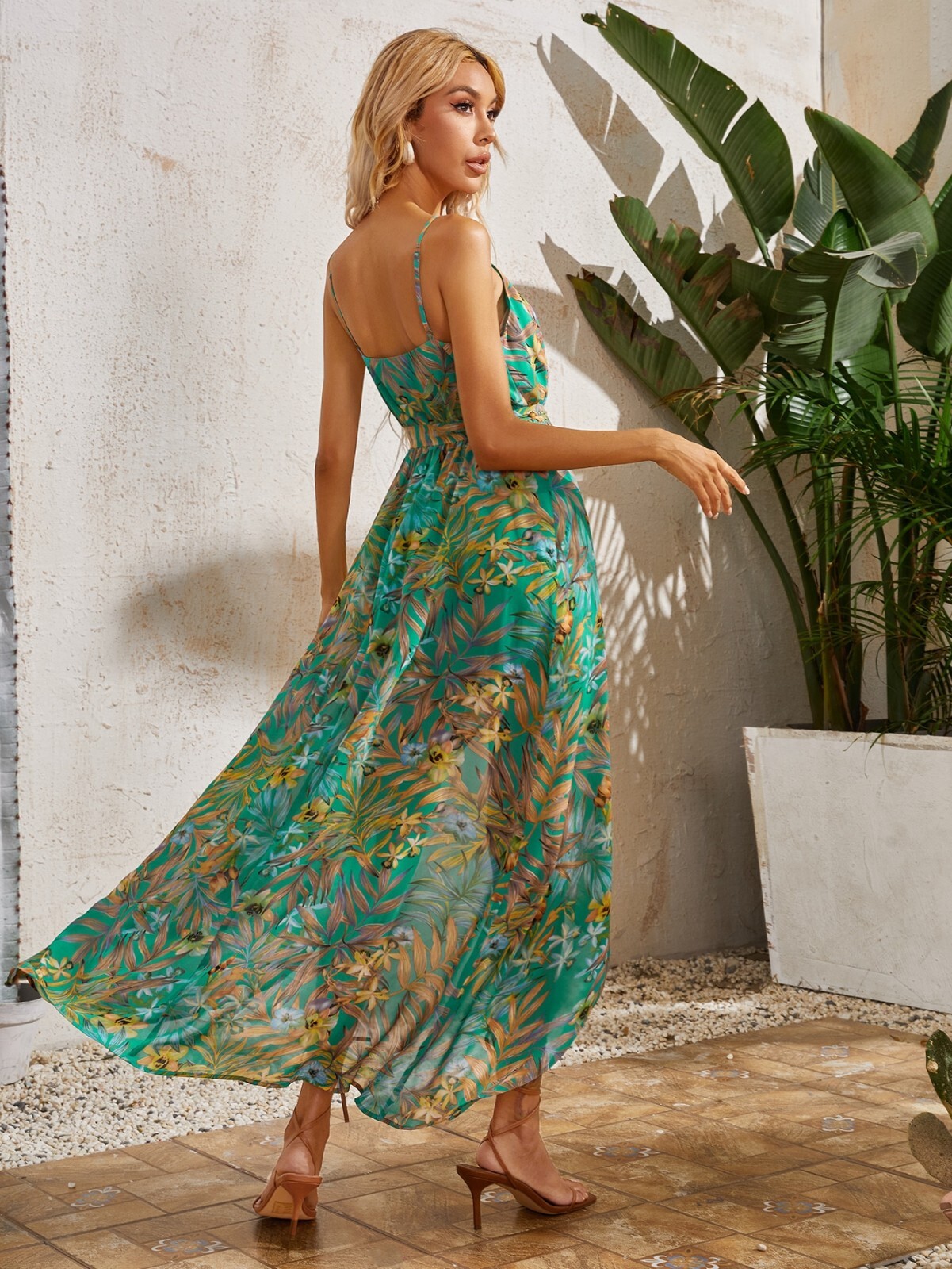Damen Kleid Chiffon Sommerkleid Grün Tropic Blumen mit Gürtel Gr L 40 / ...