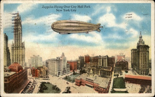 Zeppelin Flying Over City Hall Park New York City vintage postcard y507 ...