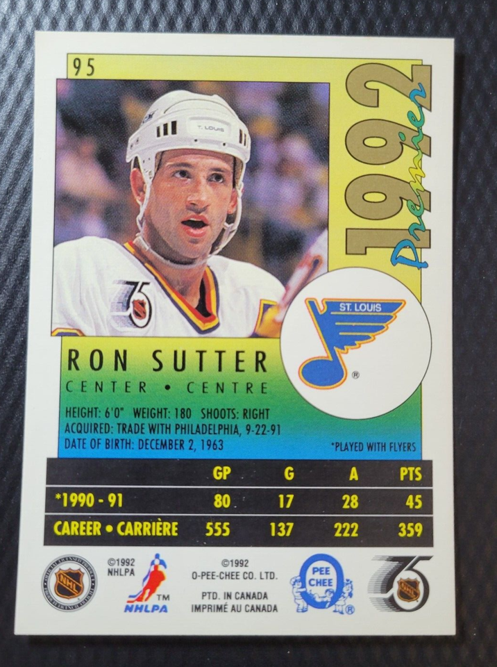 1991-92 O-Pee-Chee Premier RON SUTTER St. Louis Blues Hockey NHL Card ...