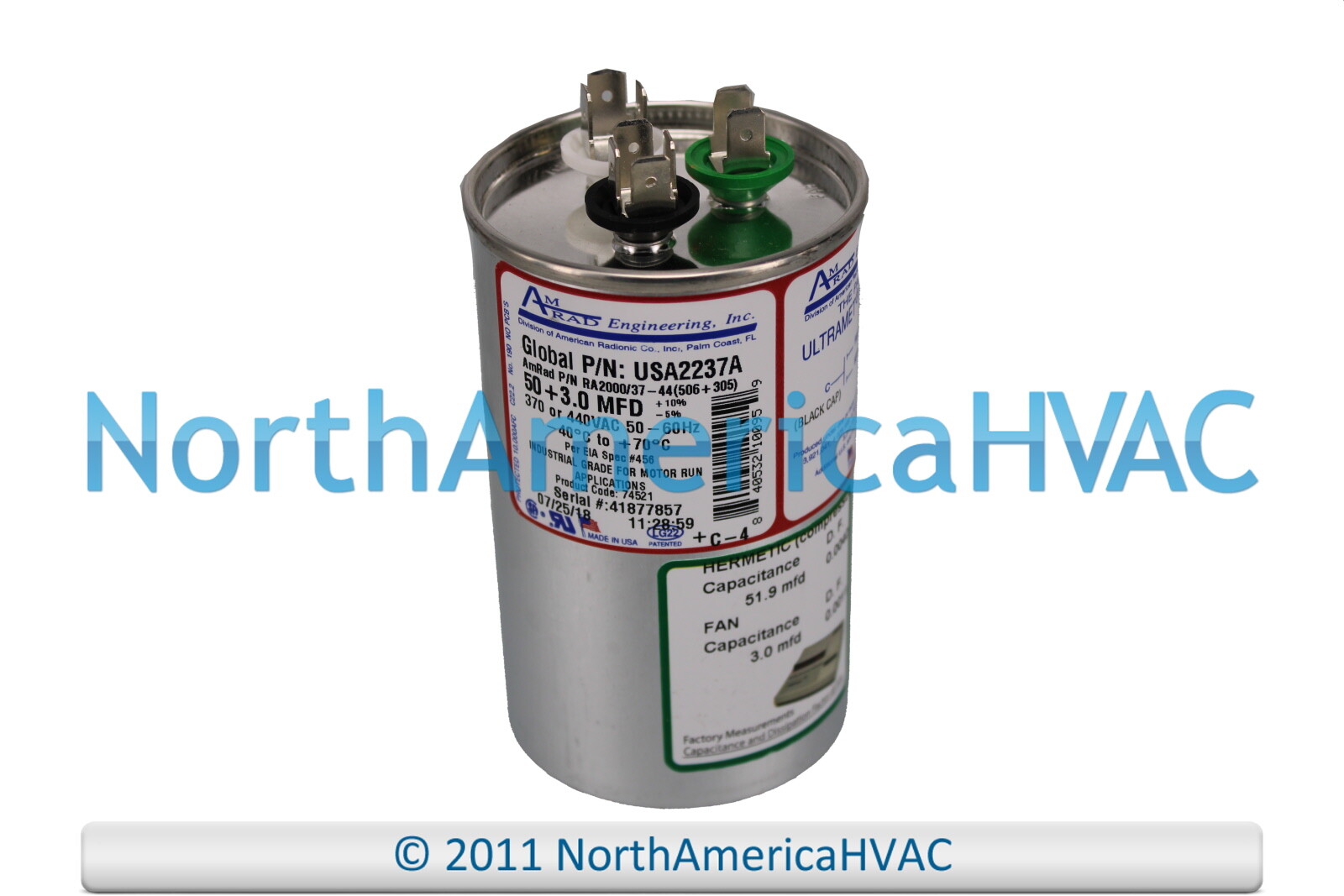 OEM Amrad Run Capacitor 50 + 3 uf MFD 370 / 440 Volt Fits RA2000-37-305 ...