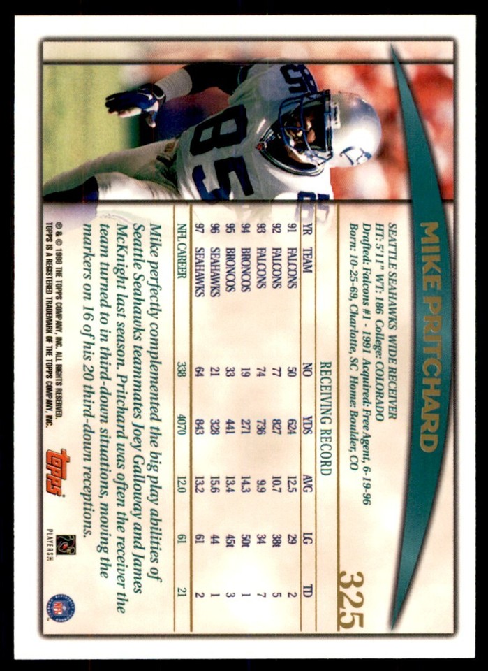 1998 TOPPS MIKE PRITCHARD SEATTLE SEAHAWKS #325 | eBay