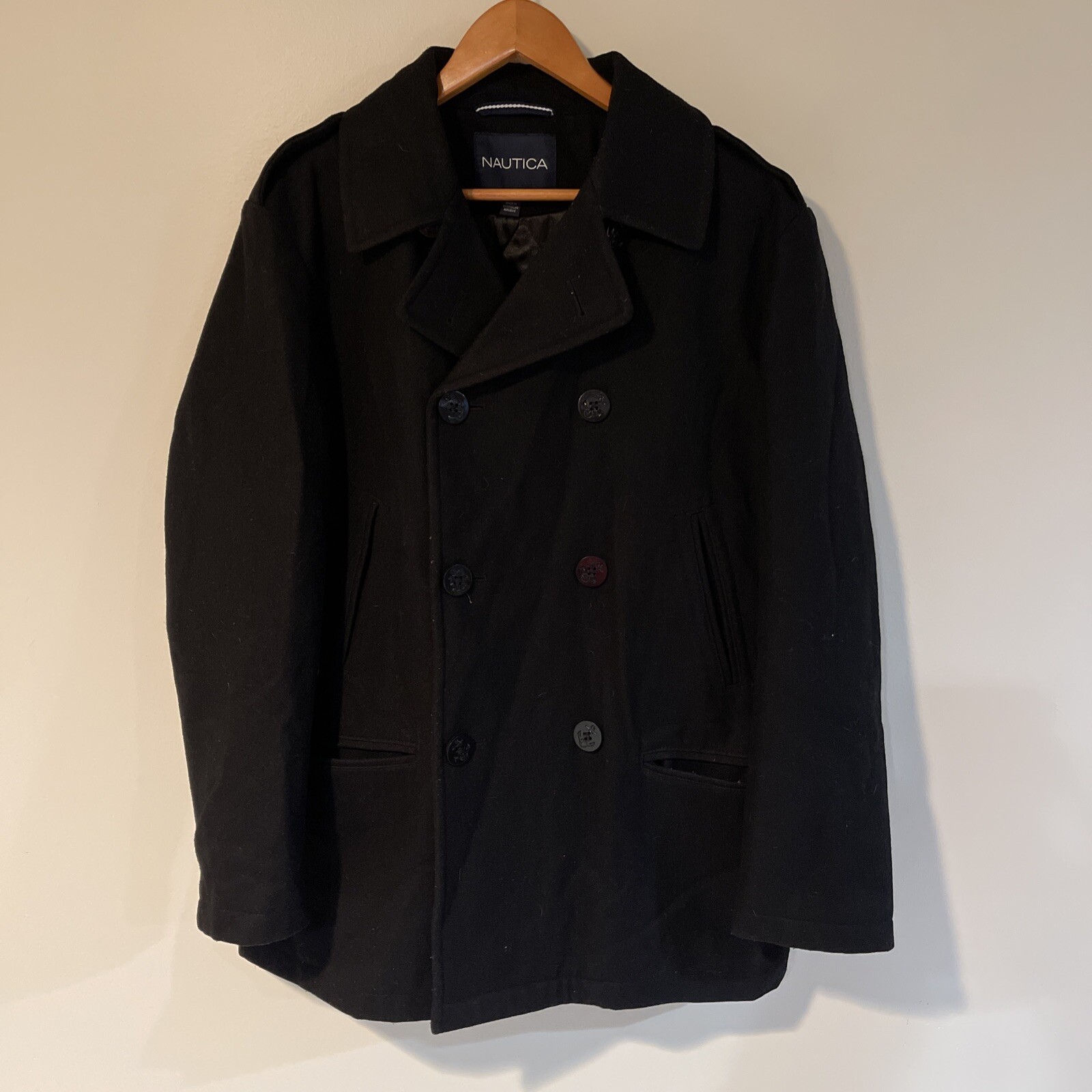 Nautica Men's Wool Blend Pea Coat Jacket Size Large Black Outerwear | eBay