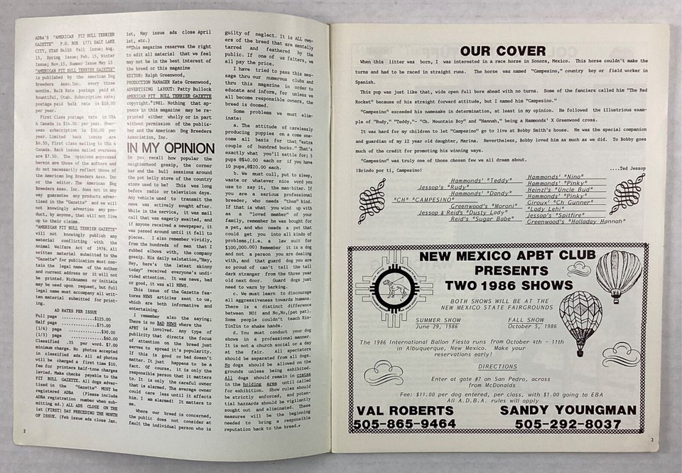 American Pit Bull Terrier Gazette May 1986 Magazine ADBA APBT CH ...