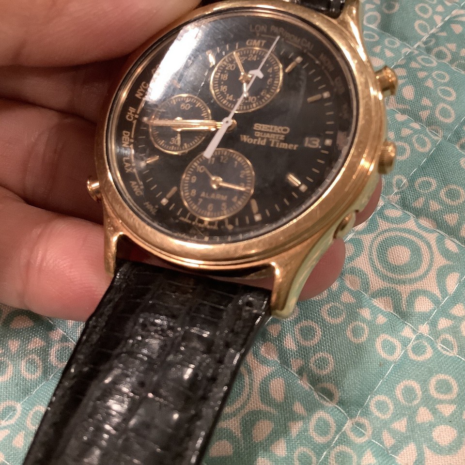 Vintage 1990 SEIKO GMT World Timer Mens Quartz Watch Gold Alarm Date ...