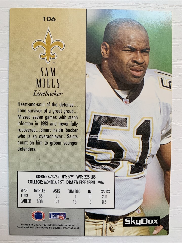 Sam Mills New Orleans Saints LB 1994 SkyBox International Football #106 ...