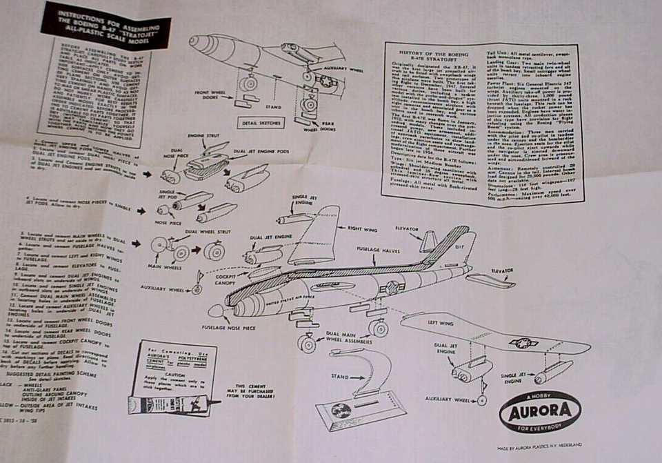 1961 Aurora Boeing B-47 STRATOJET BOMBER Model Kit # 493-50 1:180 | eBay