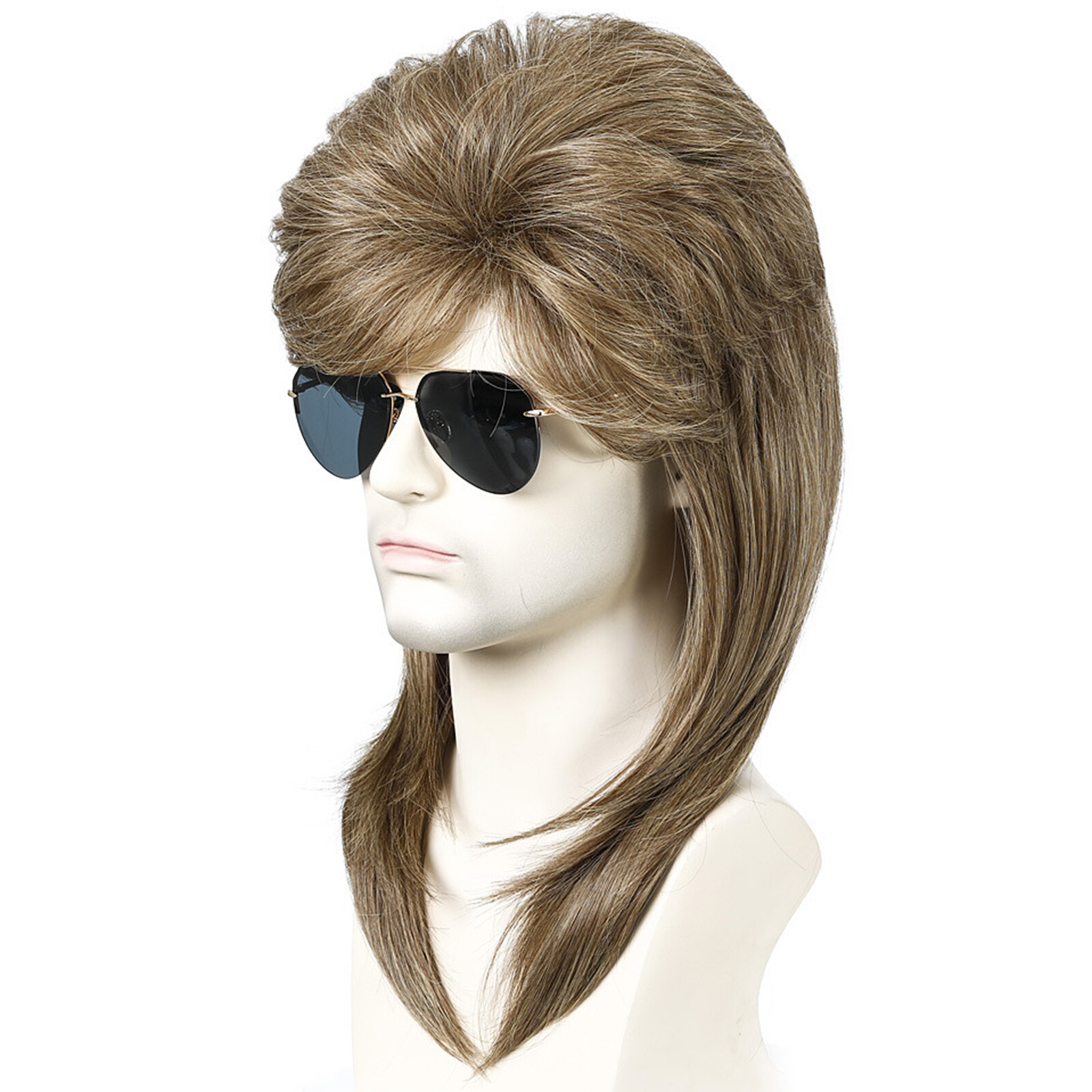 Men's 80s Retro Long Wig Brown Mullet Rock Halloween Costume Party ...