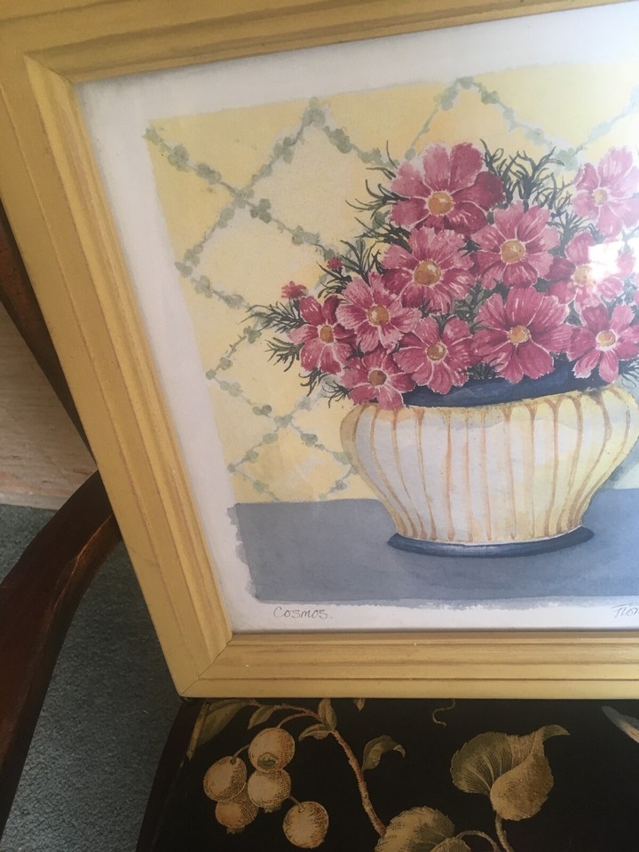 Cosmos By Fiona Butler Framed Pink Flower In Yellow Vase Art Print 15.5 ...