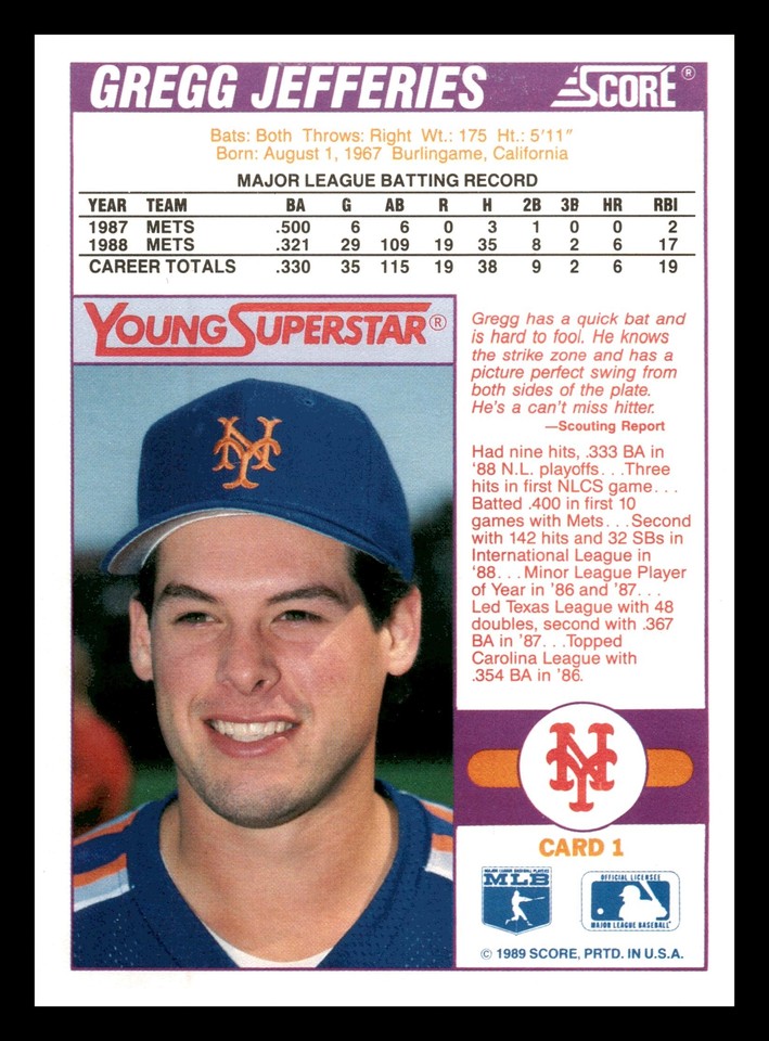 1989 Score Young Superstars 1 Gregg Jefferies #1 New York Mets Mint | eBay