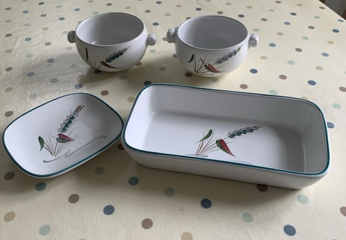 Denby Pottery Green Wheat 2x Soup Bowls Bon Bon Dish & Rectangular Dish ...
