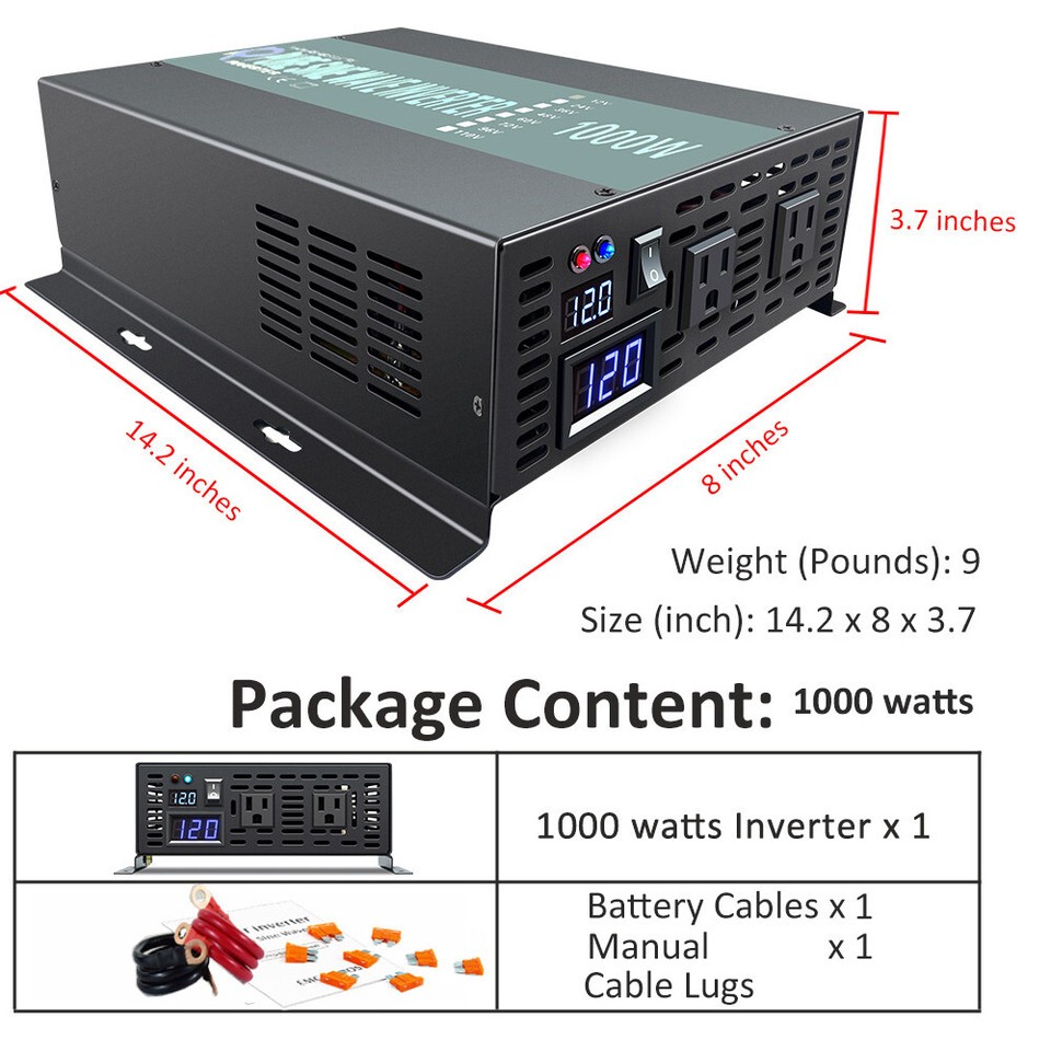 1000W Power Inverter 12V to 120V Pure Sine Wave Converter Truck Motor ...