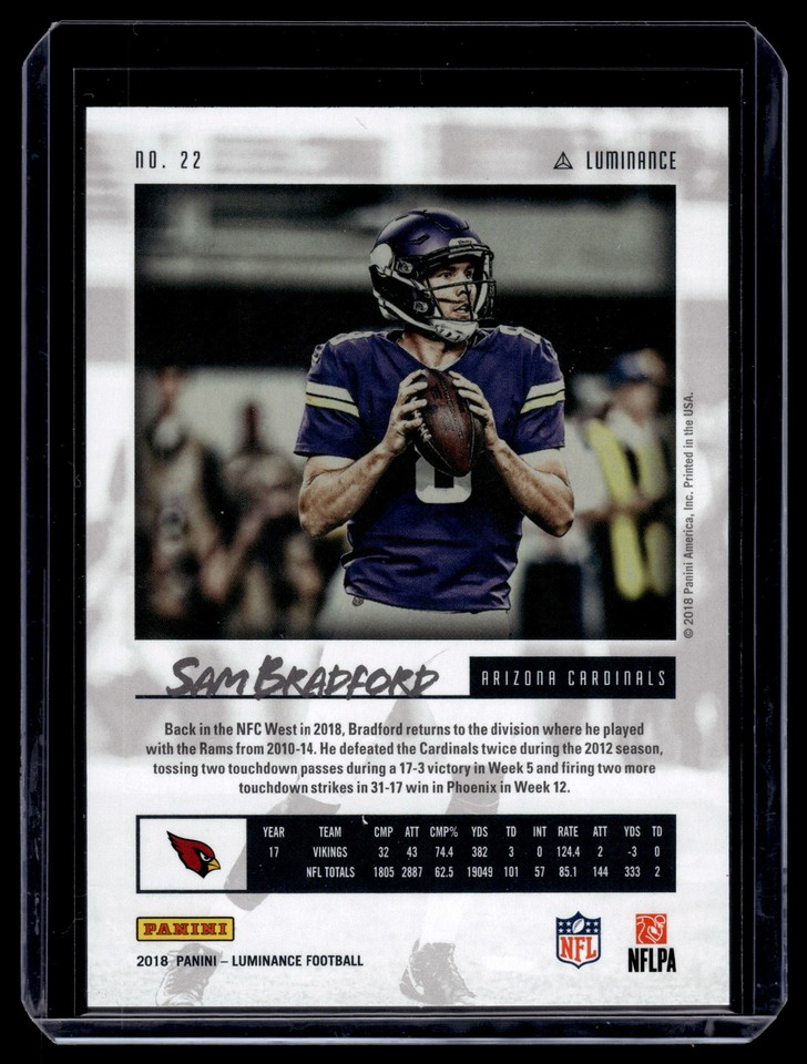 Sam Bradford 2018 Panini Luminance Orange Card /225 #22 | eBay