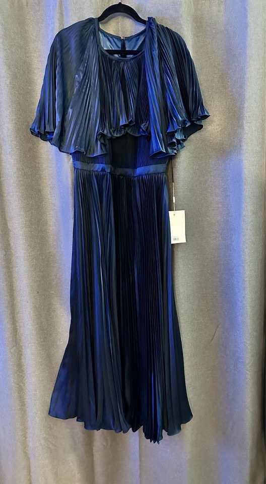 NWT Mac Duggal 49638 Midnight Blue Pleated Capelet Tea-length Dress Sz ...