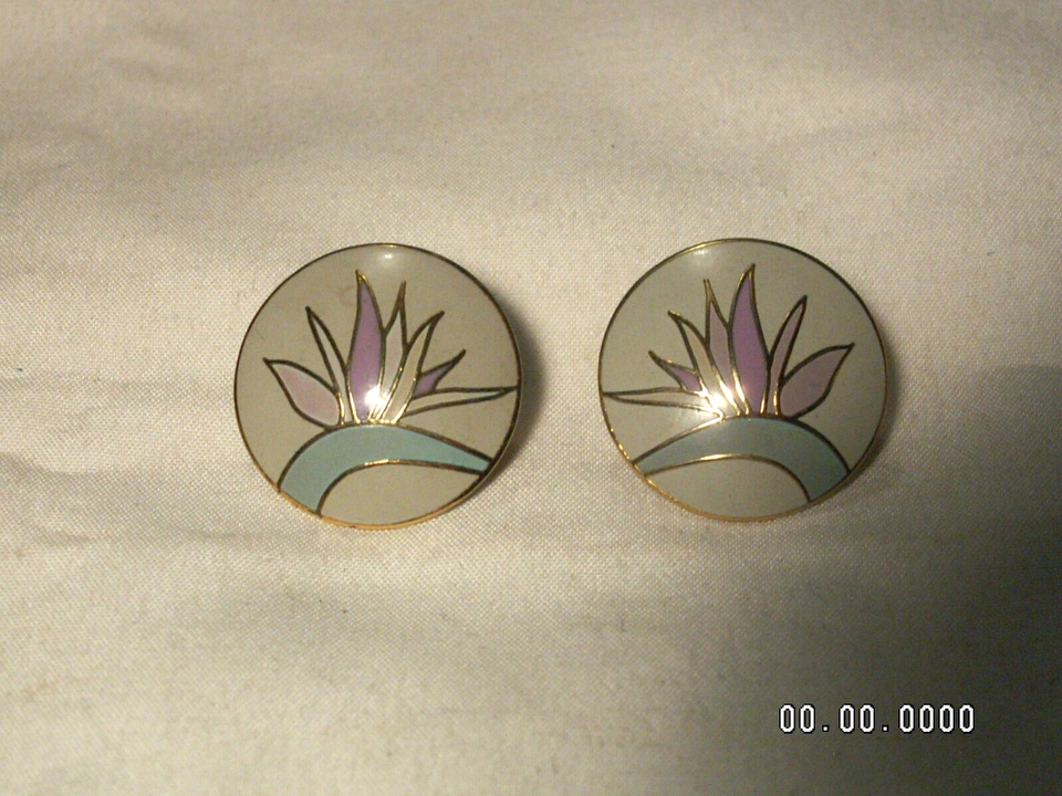 Vintage Laurel Burch Color Oro, Smalto Bombato Floreale Orecchini a ...