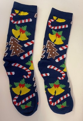 Socks Christmas Holiday Candy Cane Tree Bells Navy Medium | eBay