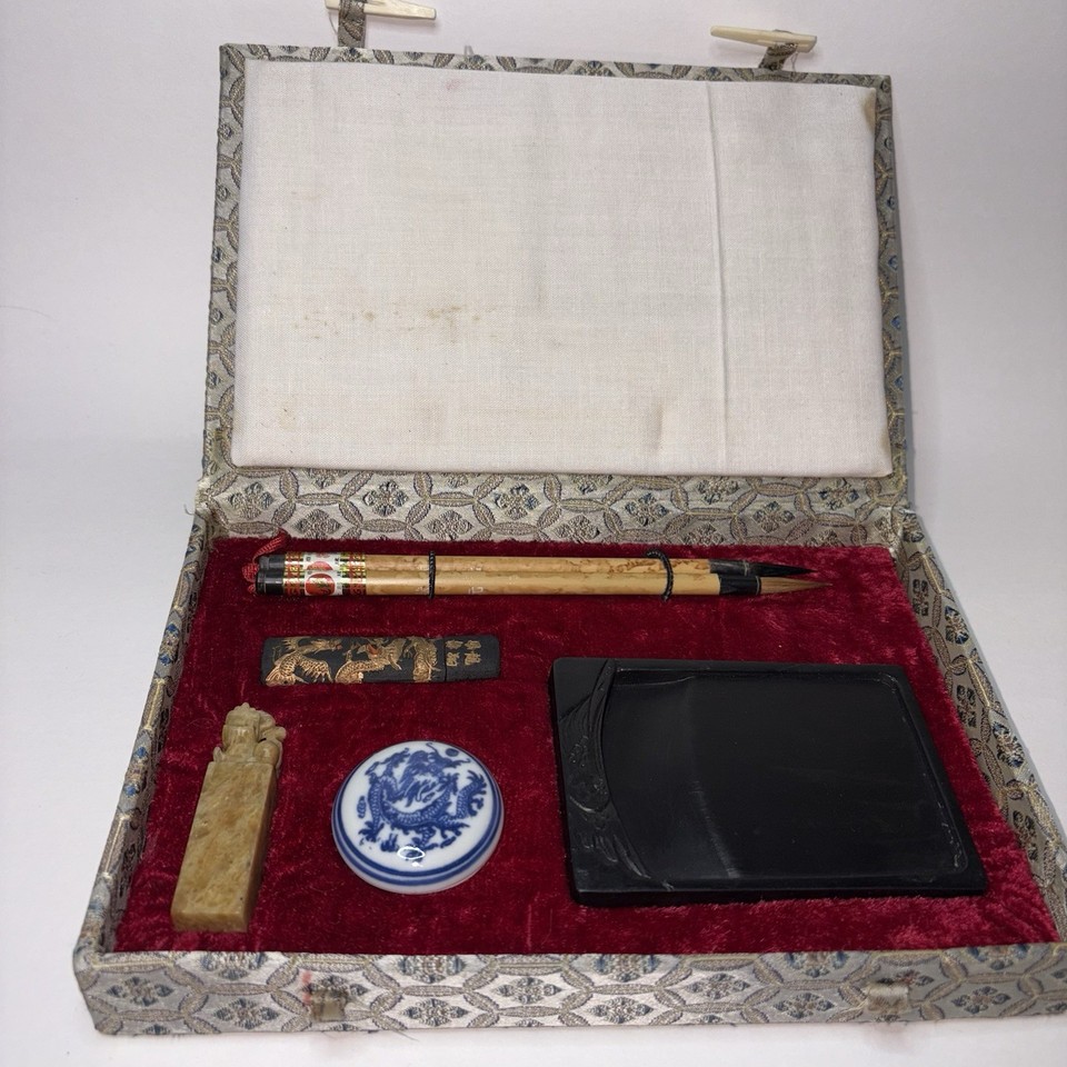 Vintage Chinese Calligraphy Kit Set Boxed Red Black Ink 2 Brushes Ink ...