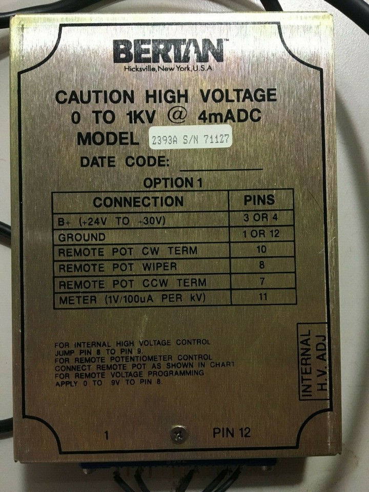 Bertan 2393A Option 1 High voltage power supply PMT 0-1KV @ 4mADC ...