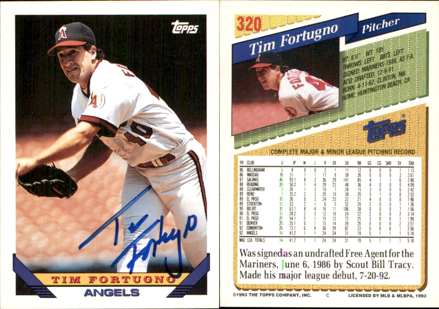 Tim Fortugno Signed 1993 Topps #320 Card California Angels Auto AU | eBay