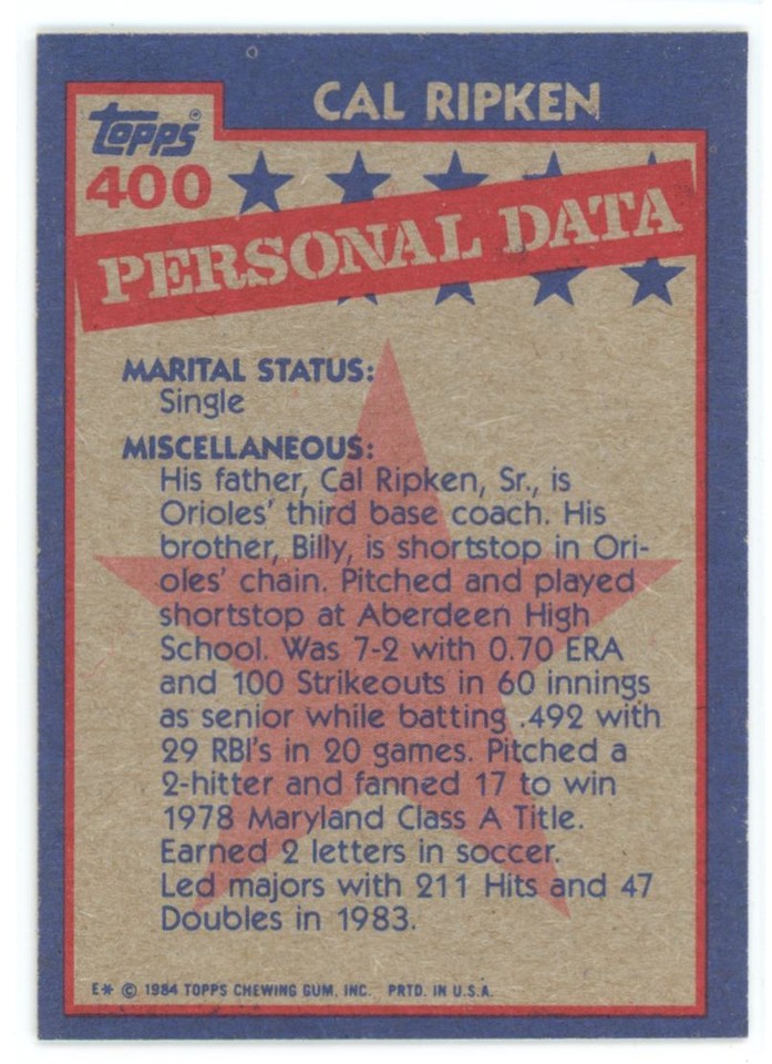 1984 Topps Cal Ripken Baltimore Orioles #400 | eBay