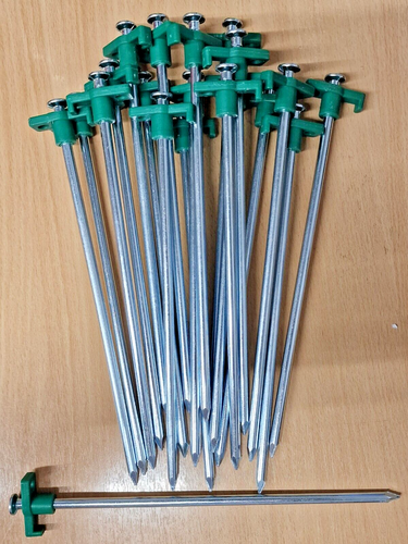 20 x Heavy Duty Hard Ground 25cm Rock Peg Green Hook Top Camping Awning ...