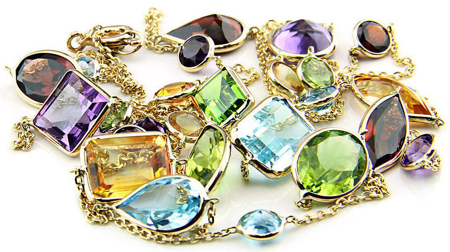 14K Yellow Gold Multi-Shaped and Multi-Colored Gemstones Necklace 36 ...