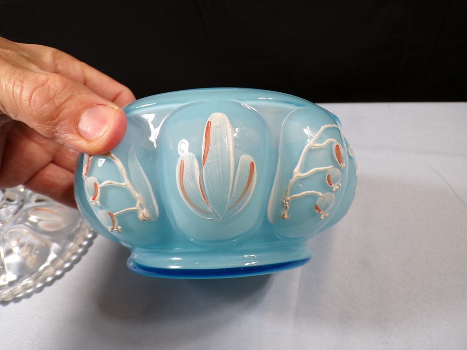 Large Fenton Blue Overlay Glass Melon Dresser Puff Box w/ Enamel ...