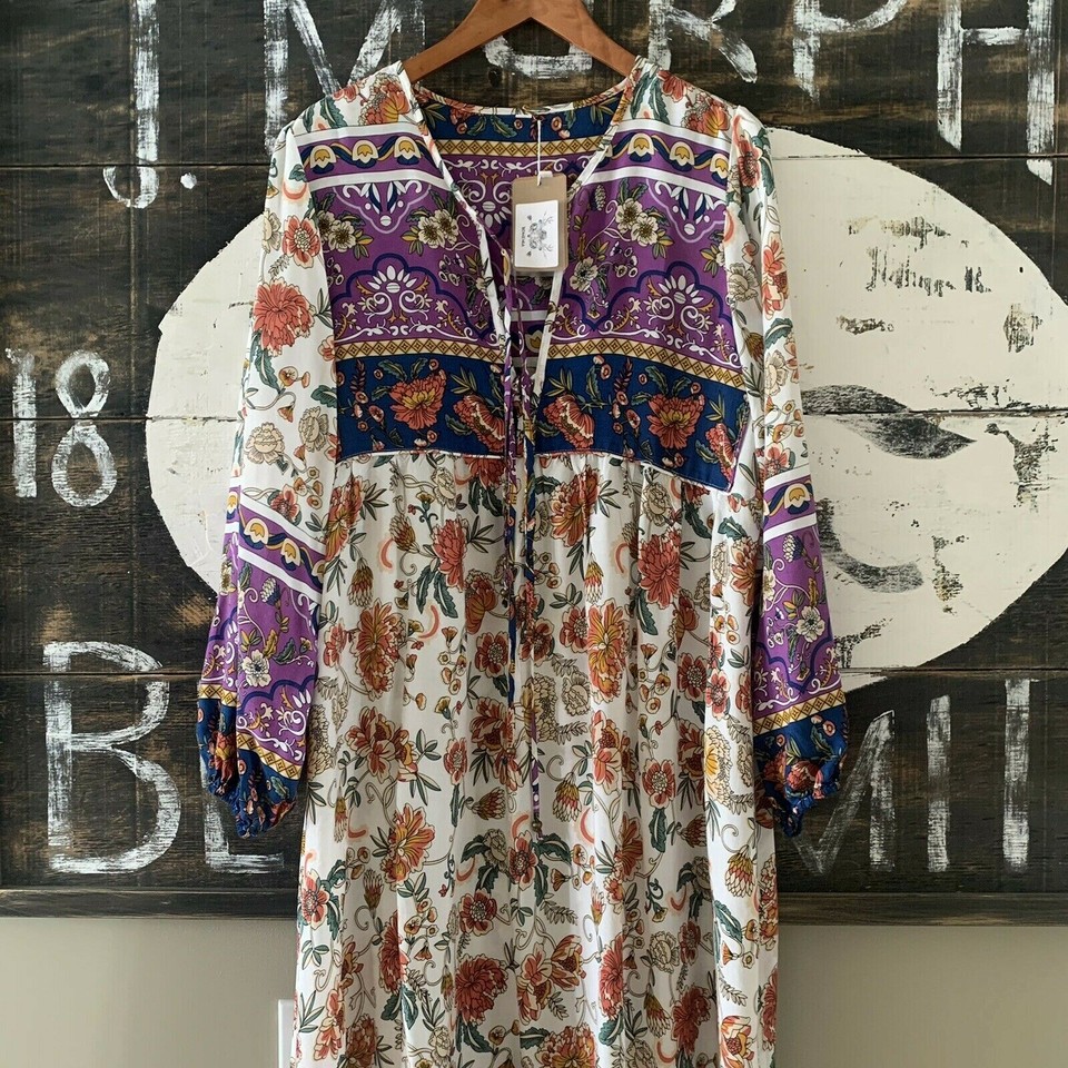 L New Bohemian Floral Midi Maxi Dress Prairie Folk Cottagecore Vtg ...