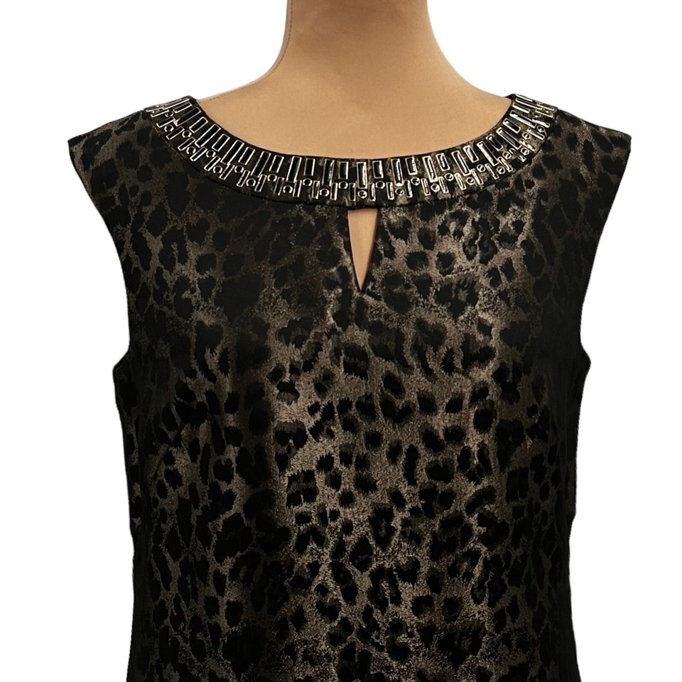 Tahari ASL Mike Leopard Dress Shift Dress Embellished Neckline Black ...