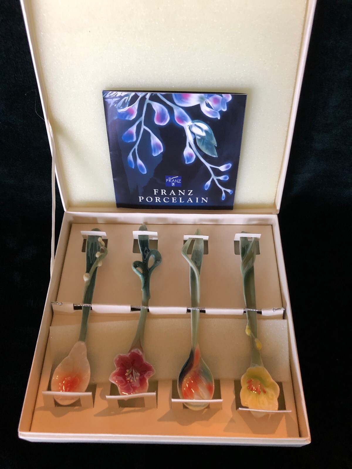 FRANZ Porcelain 5" Floral Spoon Nieman Marcus Gift Set of Four NEW in ...