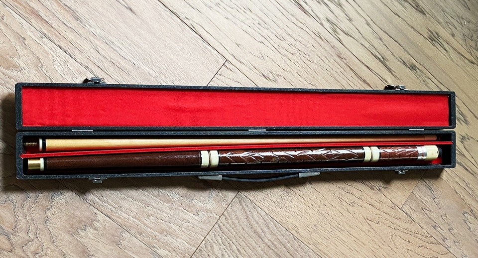 Champion Billiard Pool Cue Stick 2 Piece w/Case Carved Wood Tiki Brass ...